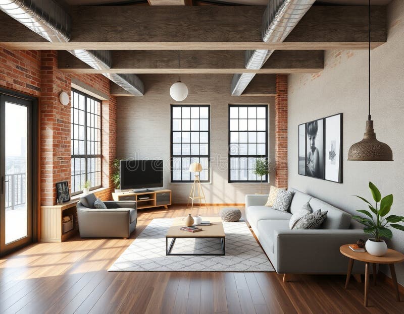 Chic Industrial Loft Living Room â€“ AI-Generated 3D Render of Urban ...