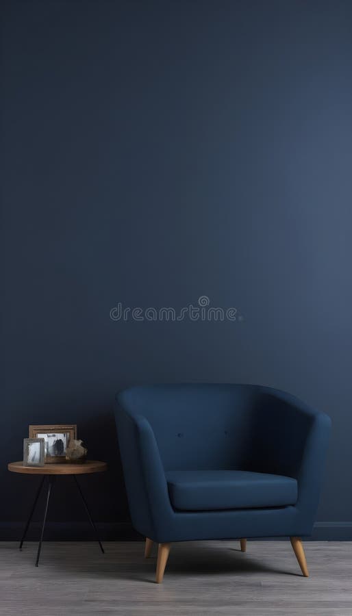 Chic Interior Features an Armchair Against a Blank Dark Blue Wall ...