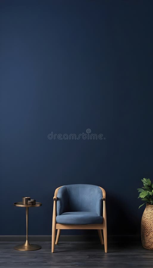 Chic Interior Features an Armchair Against a Blank Dark Blue Wall ...