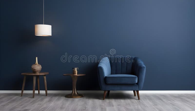 Chic Interior Features an Armchair Against a Blank Dark Blue Wall ...
