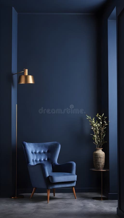 Chic Interior Features an Armchair Against a Blank Dark Blue Wall ...