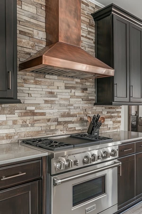 Chic Kitchen with Copper Range Hood and Appliances Stock Image - Image ...