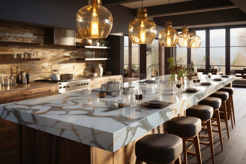 Chic Kitchen Design Boasting a Stunning Marble Countertop and Bright ...
