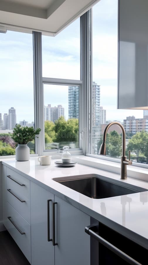 Chic Kitchen Interior Featuring a Cityscape through Big Windows ...