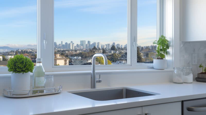 Chic Kitchen Interior Featuring a Cityscape through Big Windows ...