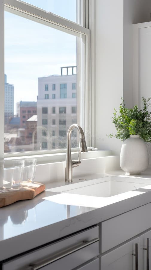 Chic Kitchen Interior Featuring a Cityscape through Big Windows ...