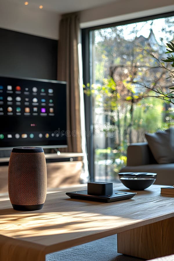 Sleek Living Room Setup Featuring Smart Speaker and Modern Technology ...
