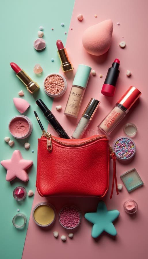 Chic Makeup Essentials Arranged Artfully on a Pastel Backdrop Stock ...