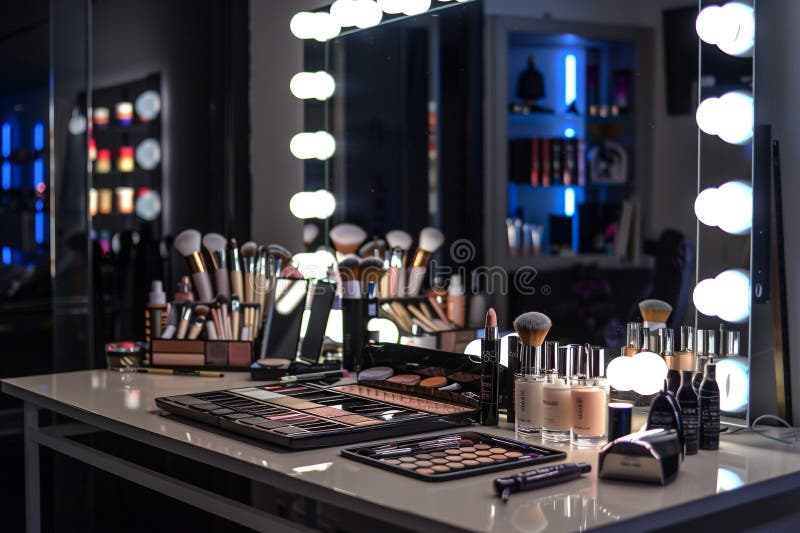A Chic Makeup Studio with a Large Mirror Bright Lights and an Array of ...