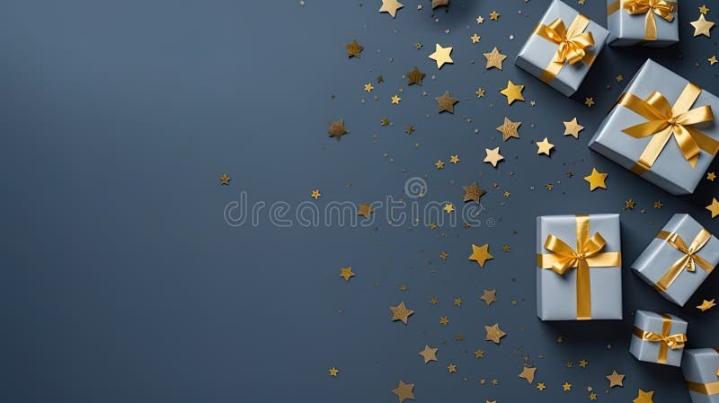 Chic Minimalism: Blue Background with Gold and Silver Gifts Stock ...