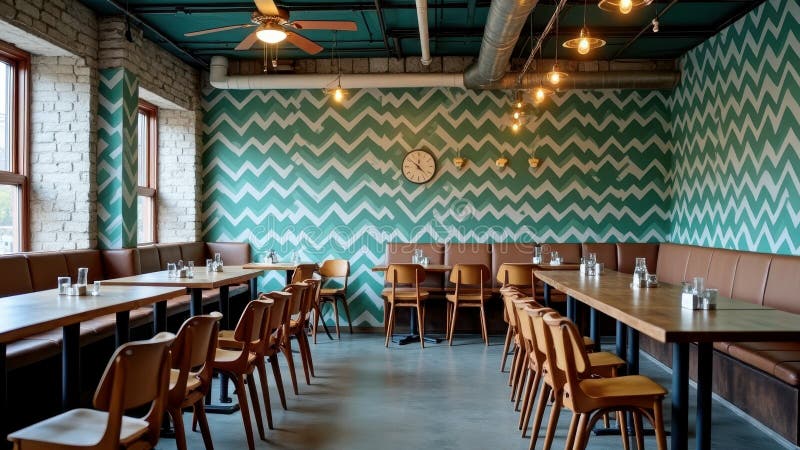 Chic Modern Cafe Interior with Patterned Walls and Wooden Seating Stock ...