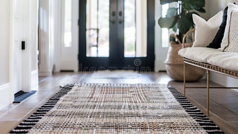 A Chic Entryway with a Patterned Rug and a Console Table Decorated with ...