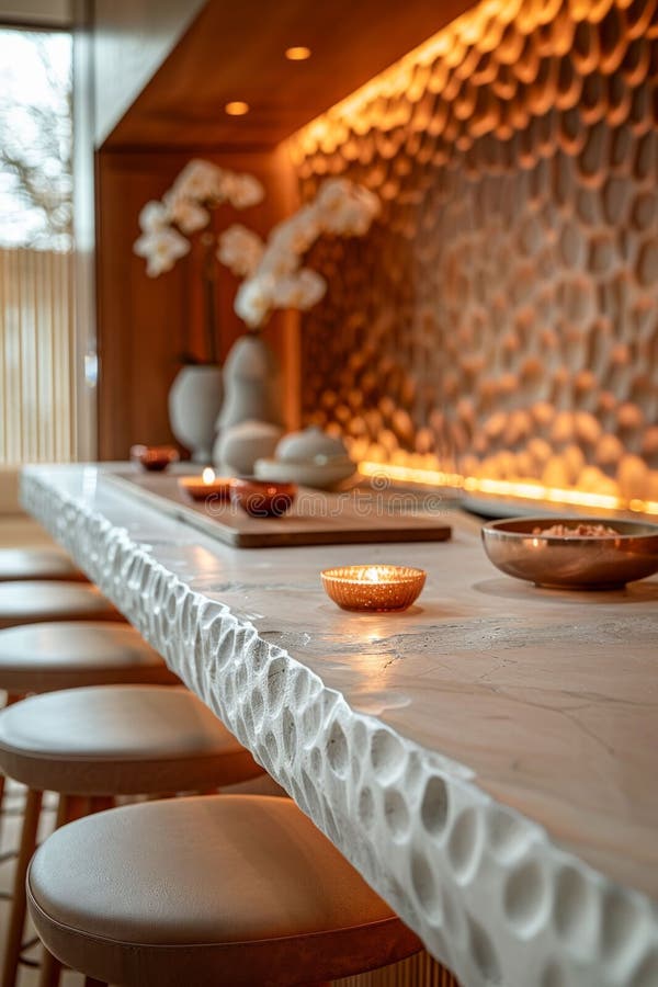 Chic Modern Kitchen Bar with Marble Top and Leather Stools. Generative ...