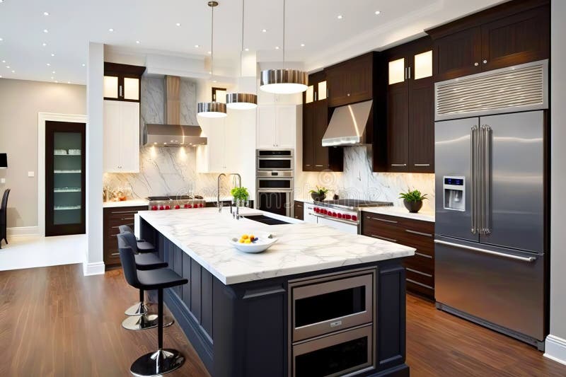 A Chic and Modern Kitchen with a Large Island and High-end Appliances ...