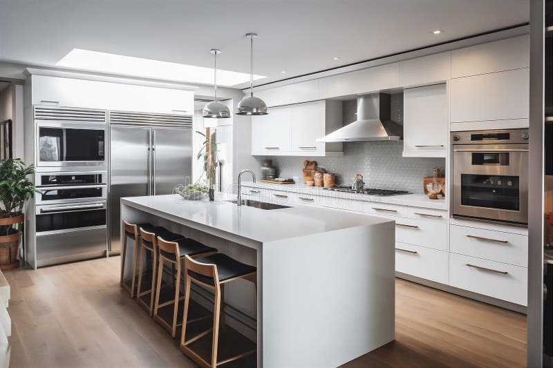 Chic Modern Kitchen with Stainless Steel Appliances, White Cabins. AI ...