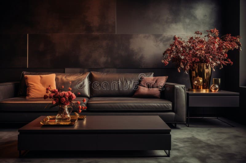 Chic Modern Living Room Design Featuring Dark Color Palette and Elegant ...