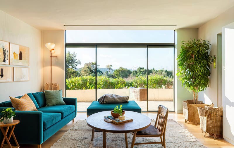 Chic Modern Living Room with Lush Greenery and Scenic Views Stock Photo ...