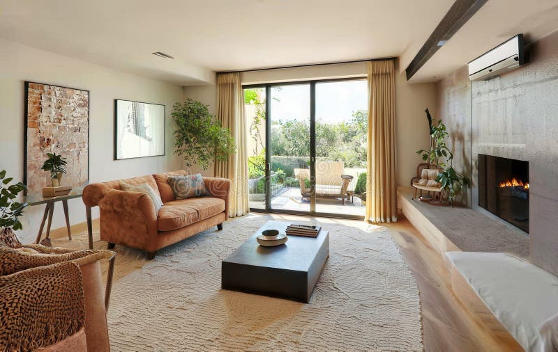 Chic Modern Living Room with Lush Greenery and Scenic Views Stock Photo ...