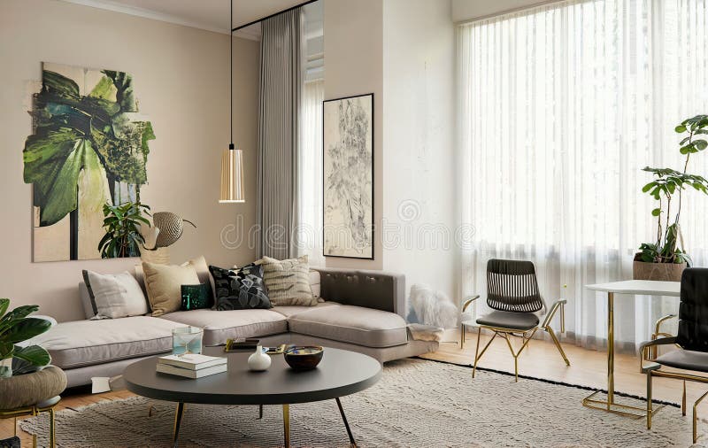 Chic Modern Living Room with Lush Greenery and Scenic Views Stock Photo ...