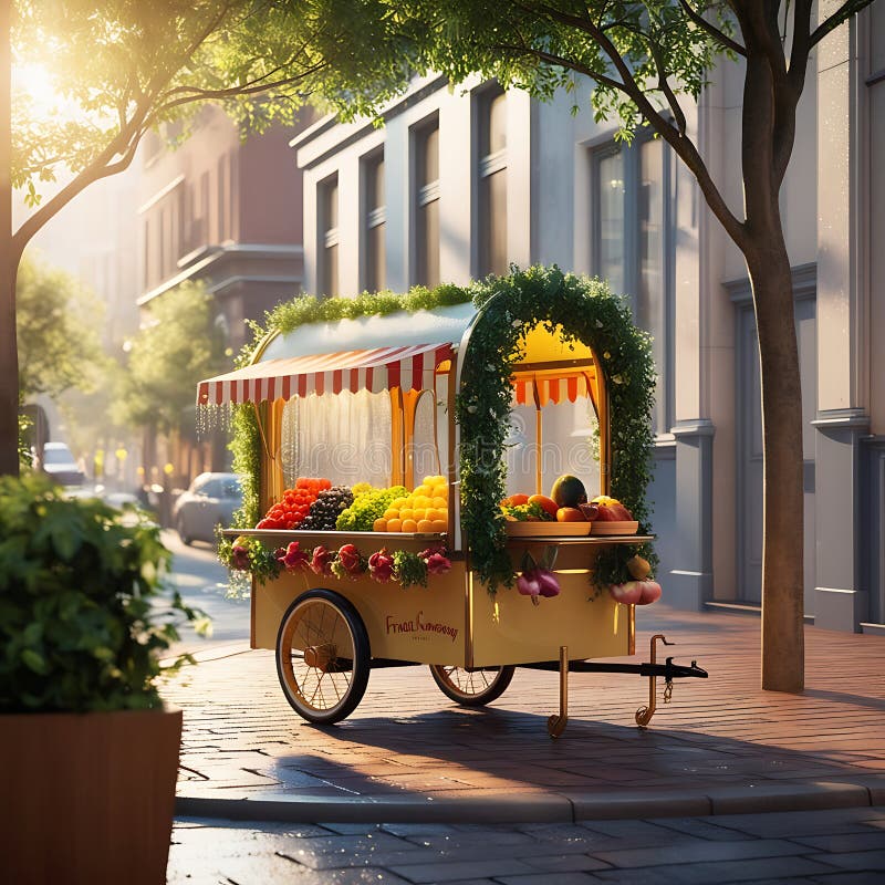 Chic Modern Mobile Fruit Stand in Urban Plaza, 8K High-Resolution Design. Stock Illustration ...