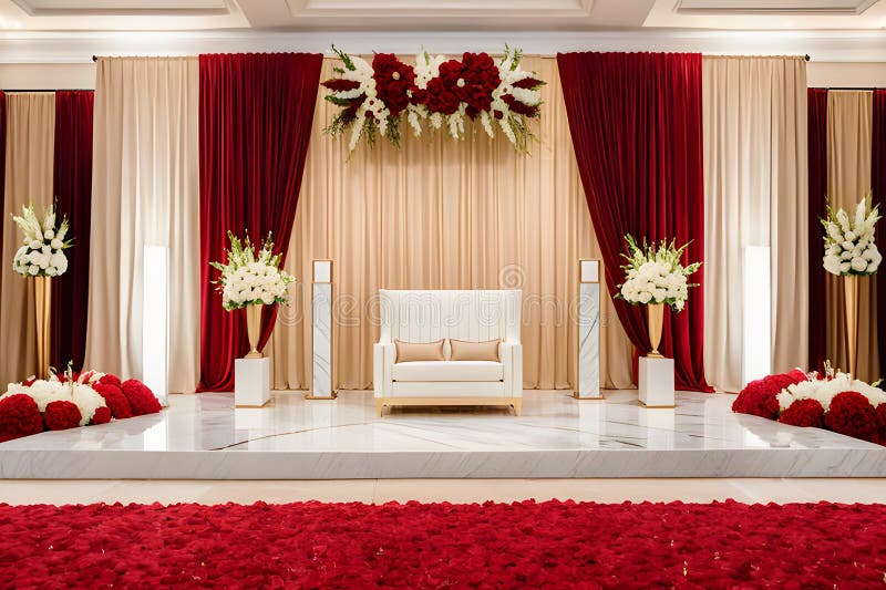 Chic Modern Wedding Ceremony Backdrop with Marble Stage in Red and Gold ...