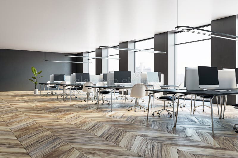 Chic Office Interior with Herringbone Floor Pattern and High Contrast ...