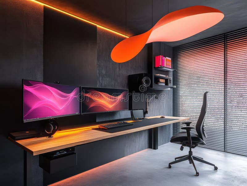 Chic Office Space Featuring Dual Screens and Creative Use of Modern ...