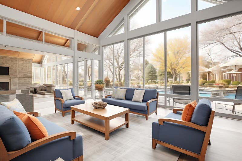 Chic Patio Area, Grand Windows, and Outdoor Seating Stock Photo - Image ...