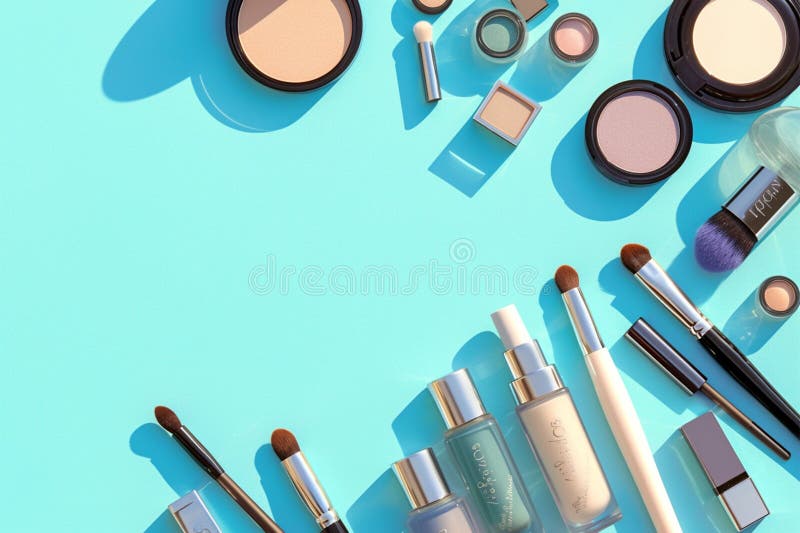 Chic Presentation Womens Cosmetics Set Showcased on a Blue Background ...