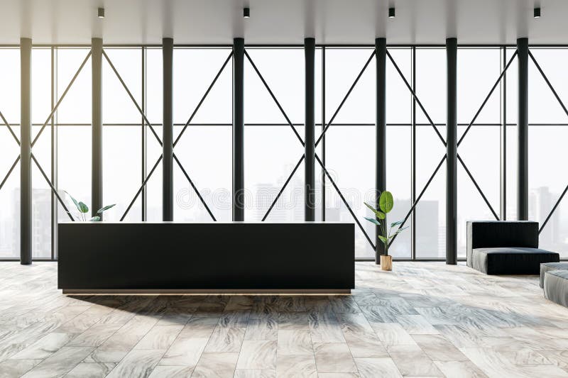 Chic Reception Area with Geometric Patterns and Floor To Ceiling ...