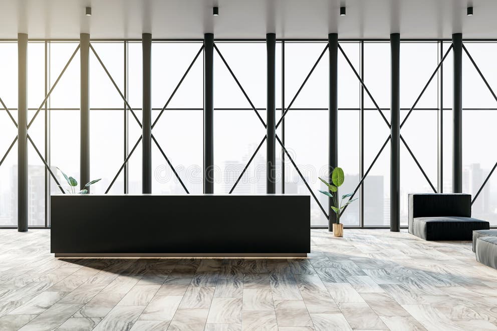 Chic Reception Area with Geometric Patterns and Floor To Ceiling ...