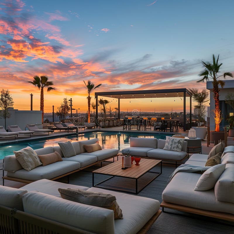Chic Rooftop Lounge with Stunning Sunset Views and Contemporary ...