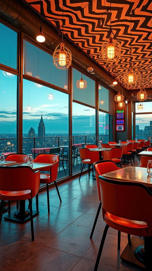 Chic Rooftop Restaurant with City Skyline View at Sunset Stock Photo ...