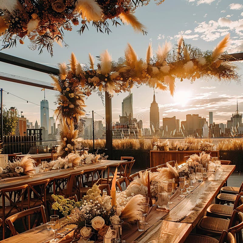 Chic Rooftop Wedding with City Skyline Views and Stylish Decor Stock ...