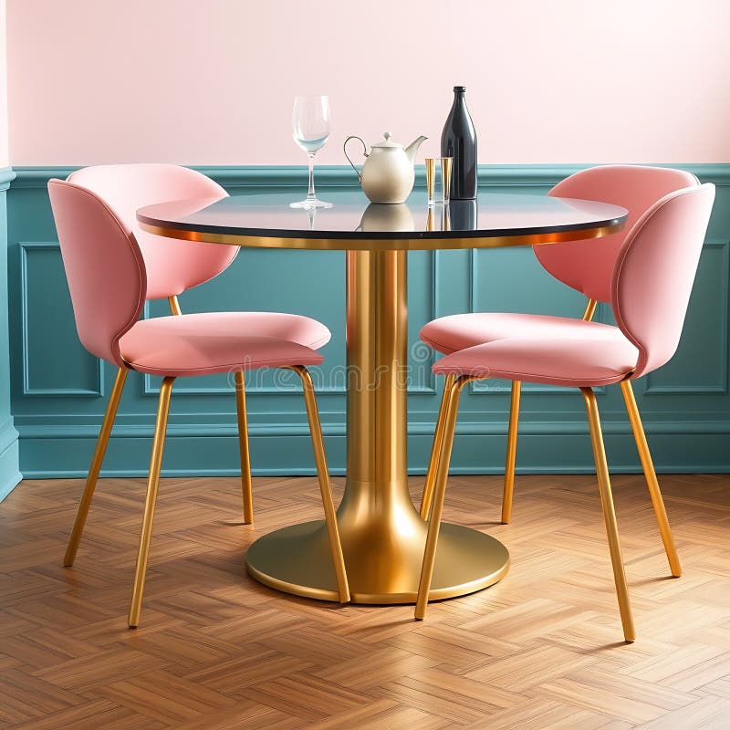 A Chic Round Table with a Gold Base and Pink Chairs, Displayed on ...