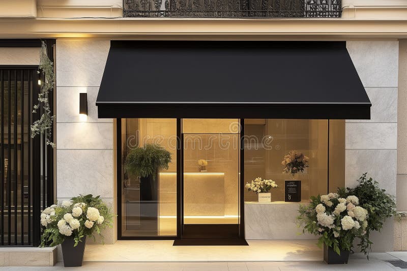 Chic Storefront with Black Awning and Floral Displays Stock Image ...