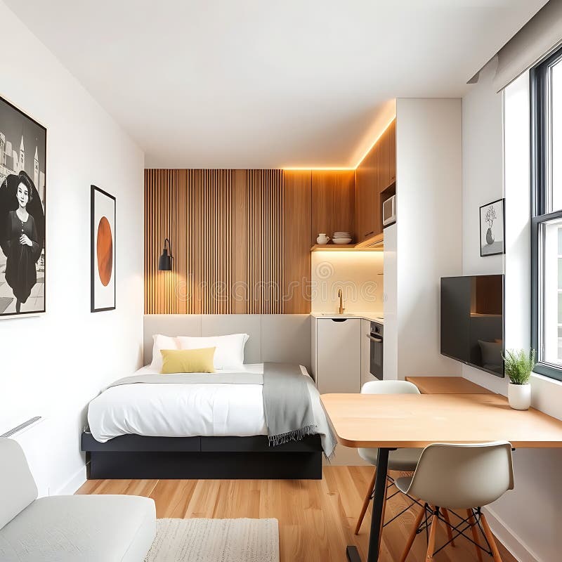 A Chic Studio Apartment with a Partitioned Sleeping Area, a Small ...