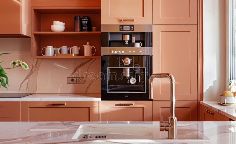 Modern Kitchen with Stylish Peach Cabinets and a Sleek Coffee Machine ...