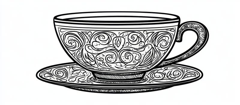 Chic Teacup with Complex Patterns, a Monochrome Illustration for ...