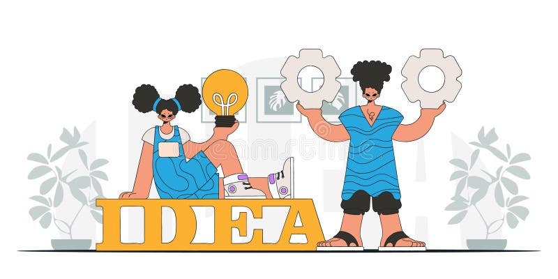 A Chic Team Solves Problems and Generates Ideas. Light Bulb and Gears ...