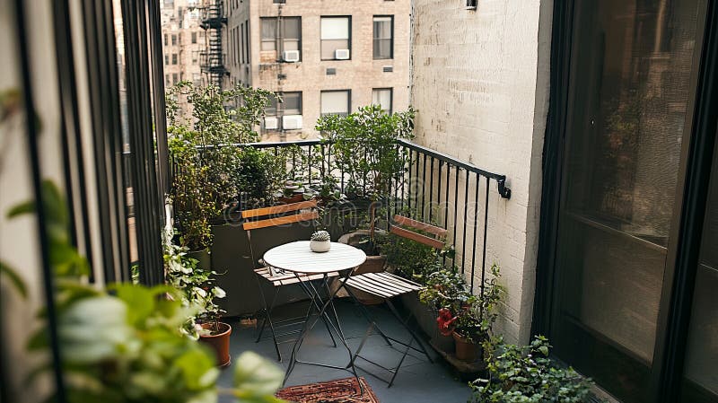 A Chic Urban Balcony with a Single Lounge Chair and a Tiny Table Stock ...