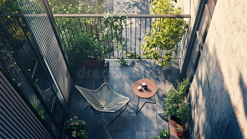 A Chic Urban Balcony with a Single Lounge Chair and a Tiny Table Stock ...
