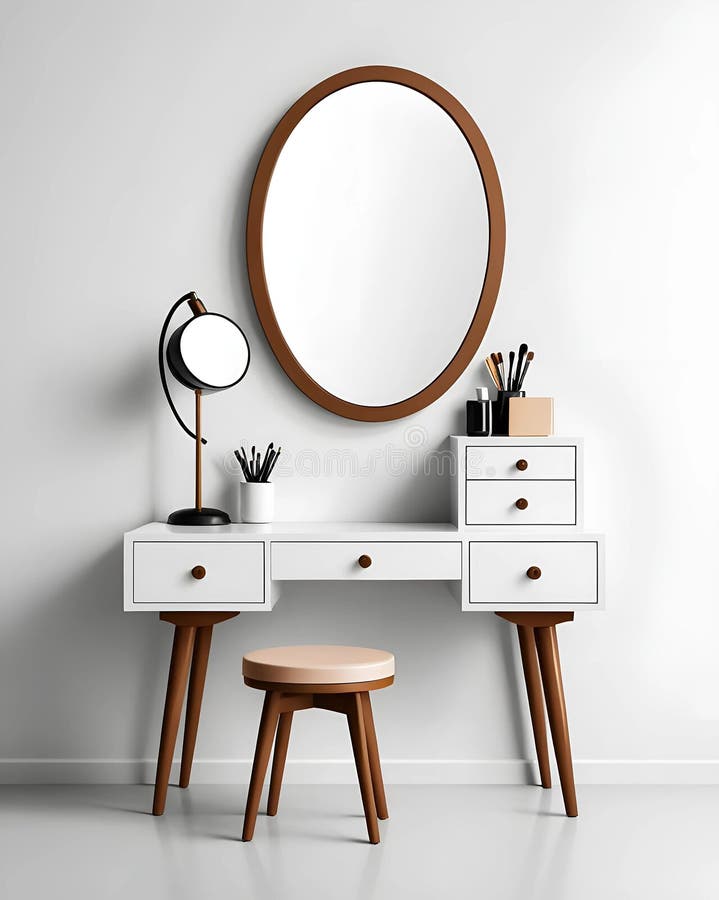 Chic White Vanity Table Featuring a Spacious Oval Mirror and Green ...