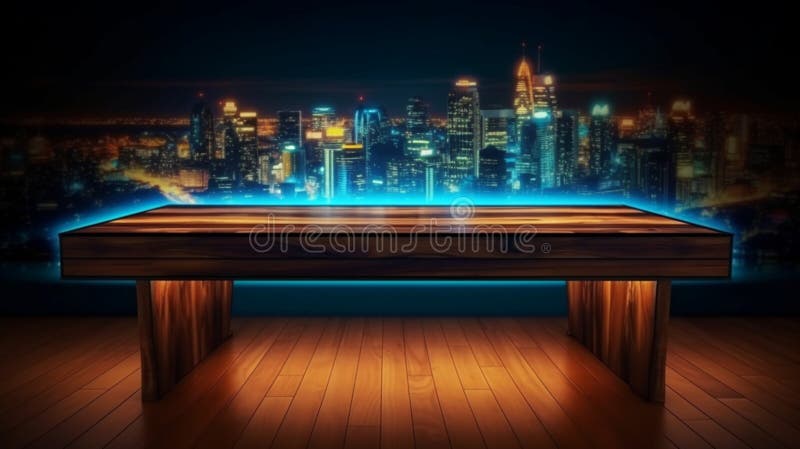 Chic Wooden Table in Front of Abstract Neon Light and Night View. Stock ...