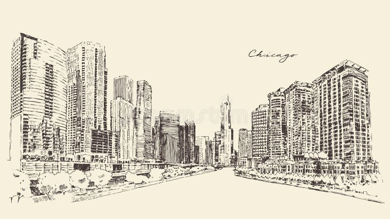 Chicago City Pencil Drawing Editorial Image - Illustration of silver ...