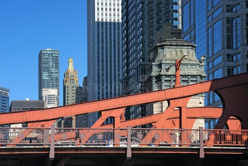 Chicago Buildings and Red Bridge Stock Photo - Image of tall, american ...