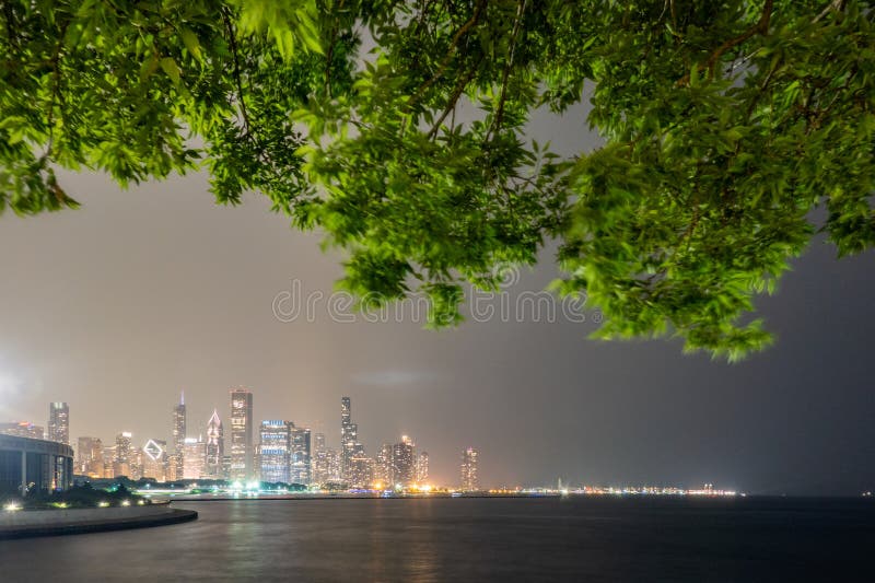 Chicago City Skyline at Night during Summer Stock Photo - Image of dusk ...