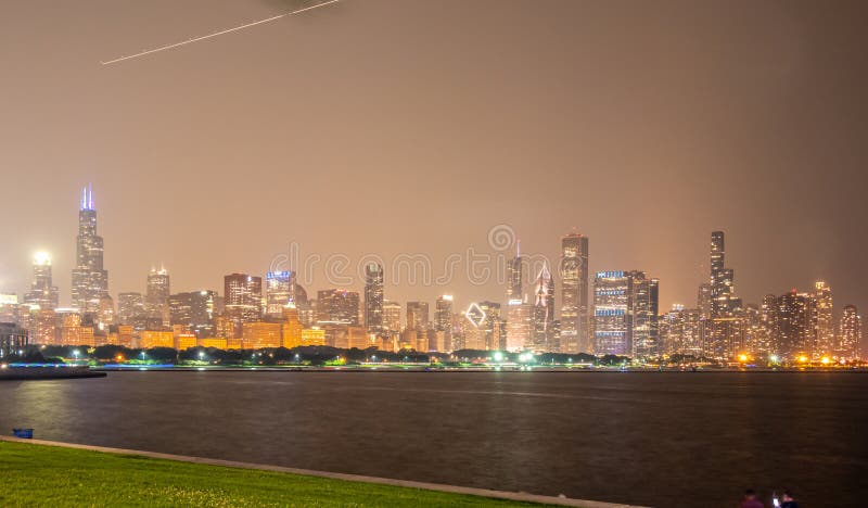 Chicago City Skyline at Night during Summer Stock Photo - Image of park ...