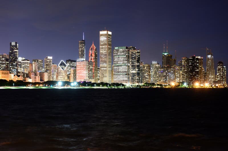 Chicago cityscape at night stock image. Image of modern - 119749601