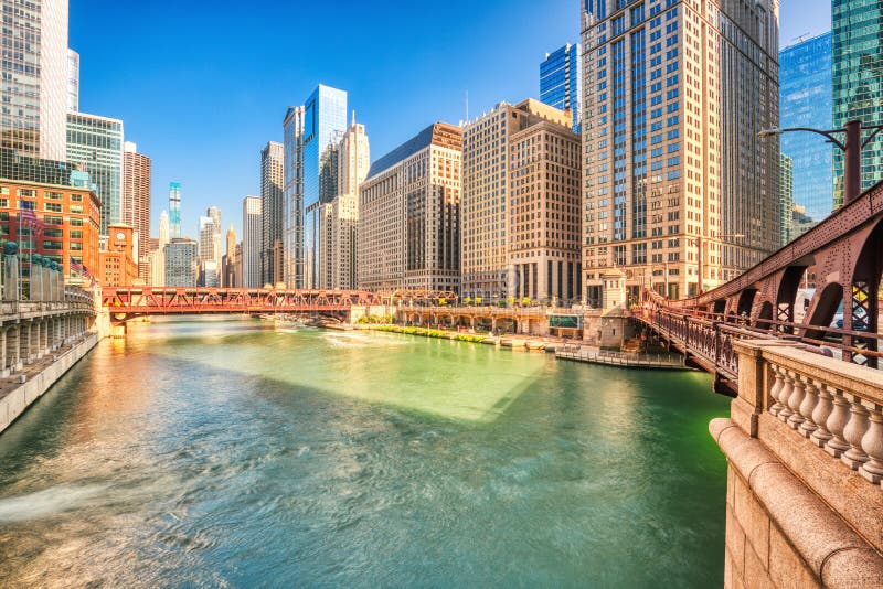 Chicago Downtown Cityscape with Chicago River at Sunrise Stock Photo ...